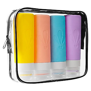 Wonsea 4 pack Travel Bottles for Toiletries TSA Approved Leak Proof containers BPA Free Travel conditioner Silicone Travel size bottles shampoo container 3oz Travel bottle with bag (Purple and Pink)