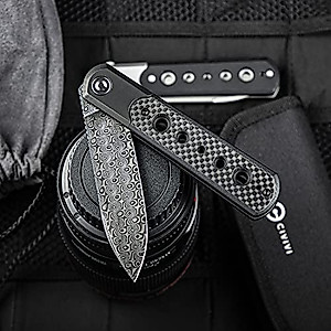 CIVIVI Banneret Folding Pocket Knife, 3.48 inch Damascus Blade Twill Carbon Fiber Inlay Handle Reversible Pocket Clip, EDC Knife for Utility Hiking Camping Fishing Work Outdoor C20040D-DS1