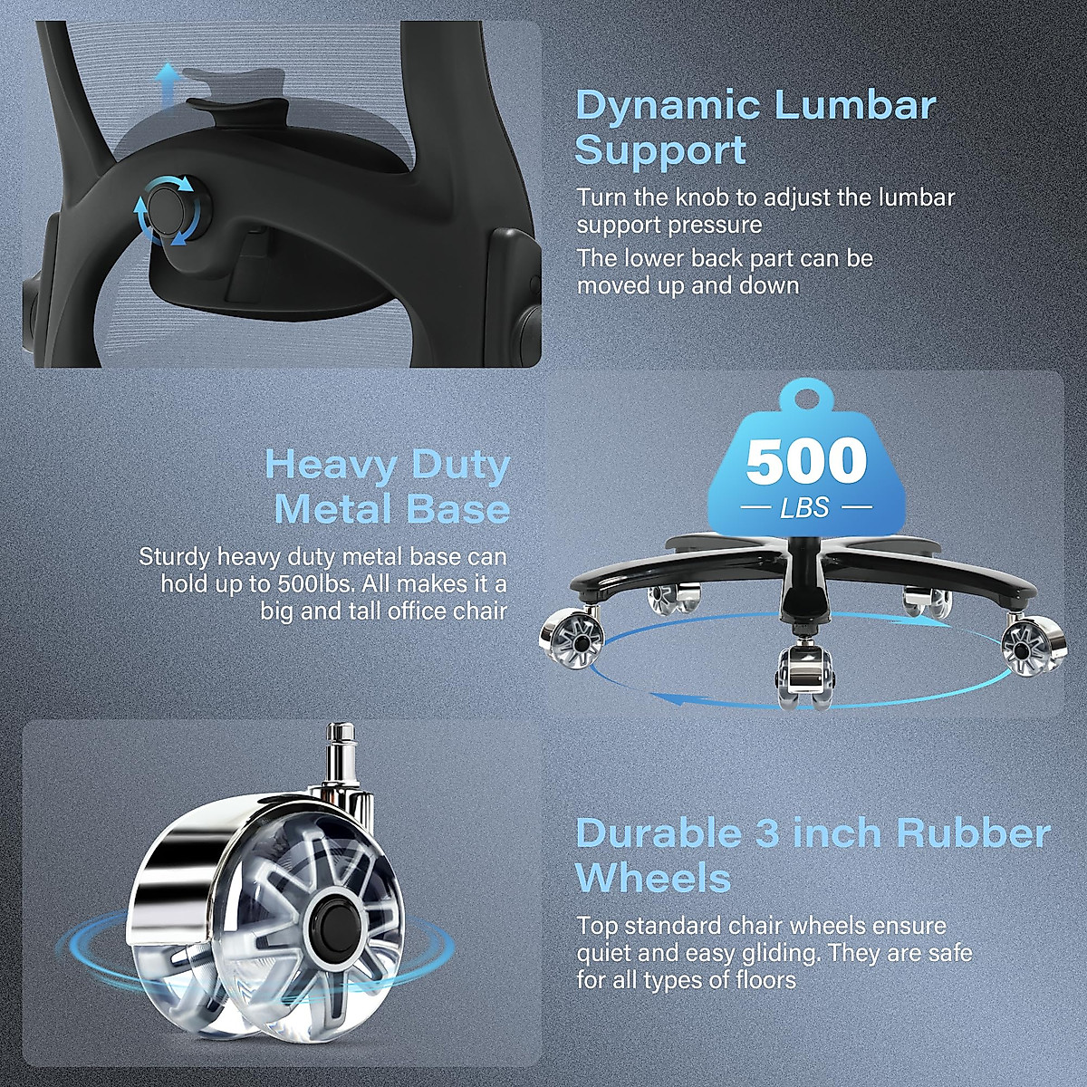 Big and Tall Office Chair 500lbs- Ergonomic Mesh Desk Chair with Adjustable Lumbar Support Headrest 3D Flip Up Arms Metal Base- High Back Large Executive Computer Office Chair, Extra Wide Seat, Black