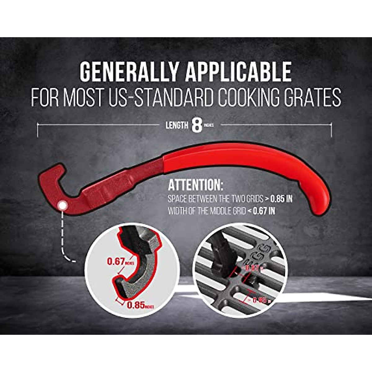 GriAddict Universal Grill Grate Lifter Tool - Hot Surfaces Handling Cooking Grid Lifter Gripper with Non-Slip and Anti-scalding Coating Handle fits Most Heavy-Duty Cast Iron and Stainless Grates