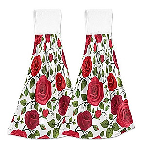 YYZZH Red Rose Flower with Green Leaf Floral Print Valentines Day Design Kitchen Hand Towels with Hook & Loop Set of 2 Absorbent Bath Hand Towel Hanging Tie Towel