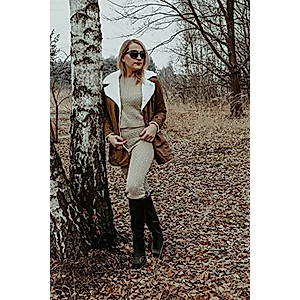 Dokotoo Womens Winter Coats Long Sleeve Jean Denim Fleece Jacket Autumn Collar Button Down Cozy Fluffy Sherpa Pocketed Jackets Outerwear Khaki Large