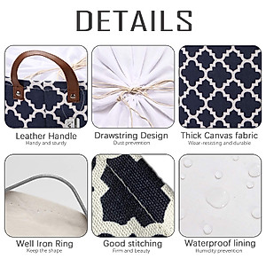 Sea Team Moroccan Lattice Pattern Canvas Fabric Storage Basket Collapsible Geometric Design Storage Bin with Drawstring Cover and PU Leather Handles, 16.5 by 11.8 inches, Waterproof Inner, Dark Blue