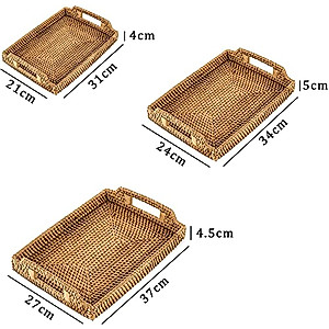 Rattan Serving Tray with Handles Hand Woven Wicker Tray Rattan Tray Rustic Decorative Tray Ottoman Tray Kitchen Organizer (Set of 3 Rectangle)