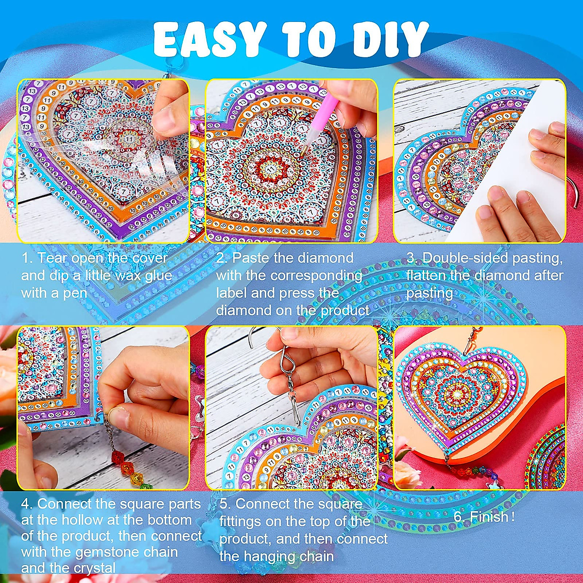 Queekay 2 Pieces 3D Diamond Wind Chime Diamond Art Suncatcher Kits Three Dimensional by Number Hanging Ornament Double Sided Crystal Suncatcher Window Decor for Home Wall Garden(Heart)