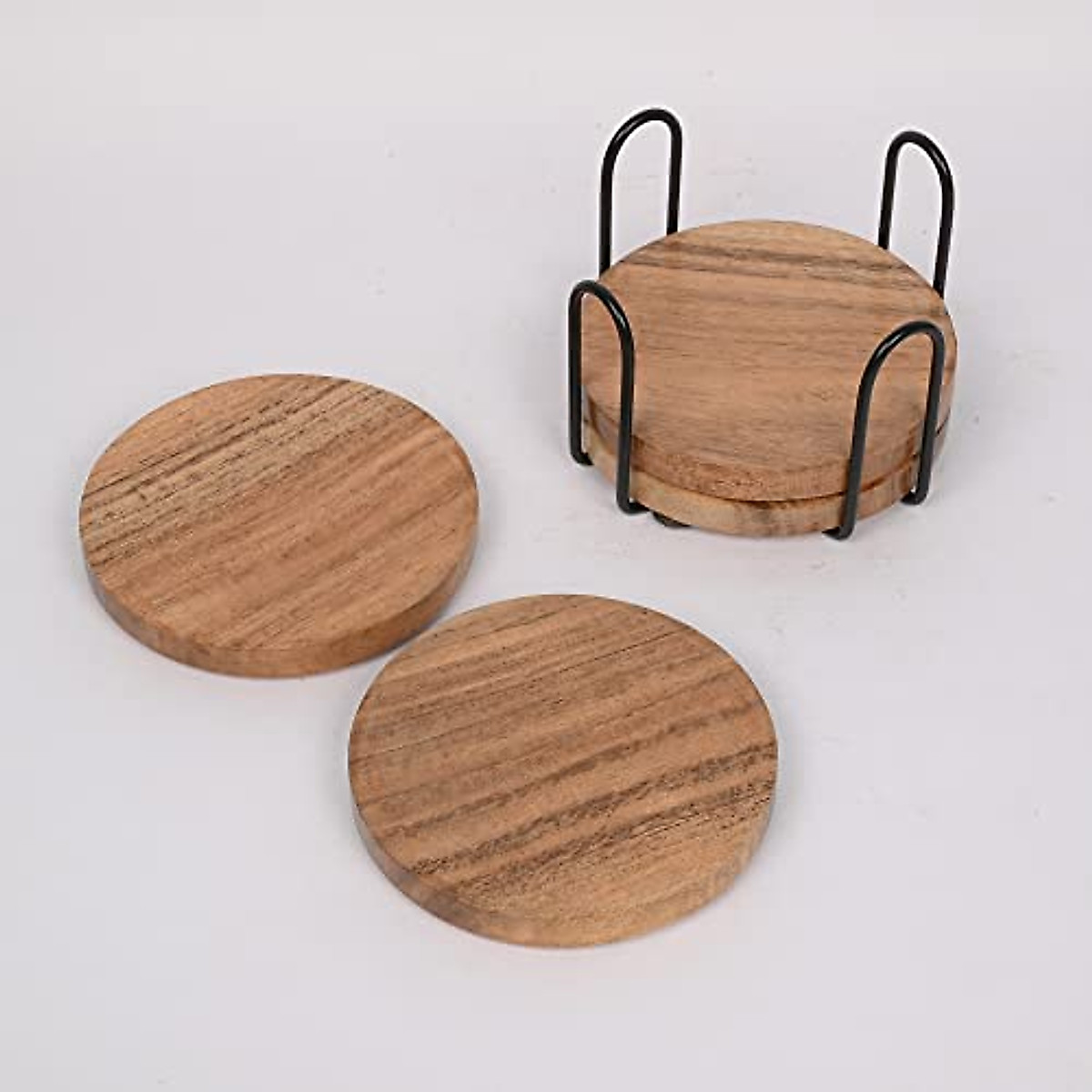 EDHAS Acacia Wood Coasters for Drinks with Iron Holder Stand for Coffee Table, Tabletop Protection Decor, Set of 4