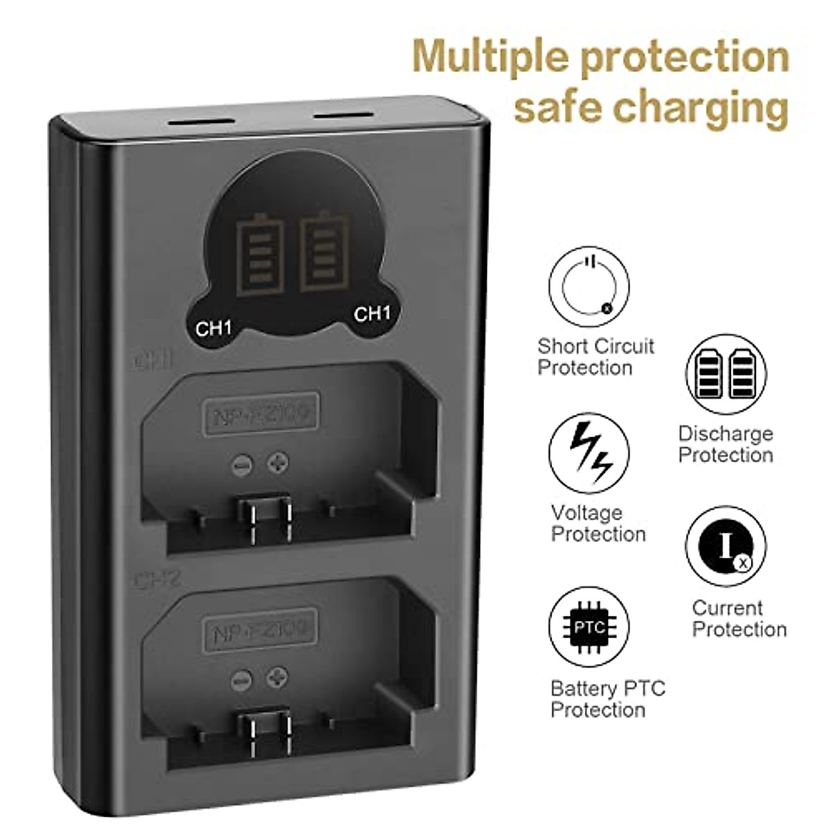 FB Dual Charger for Sony NP-FZ100 Battery, Compatible with Sony A7III, A7SIII, A7R4, A9, A9S Cameras, Designed with LCD Display, Support Type-C and Micro USB, Sony a7iii Battery Charger