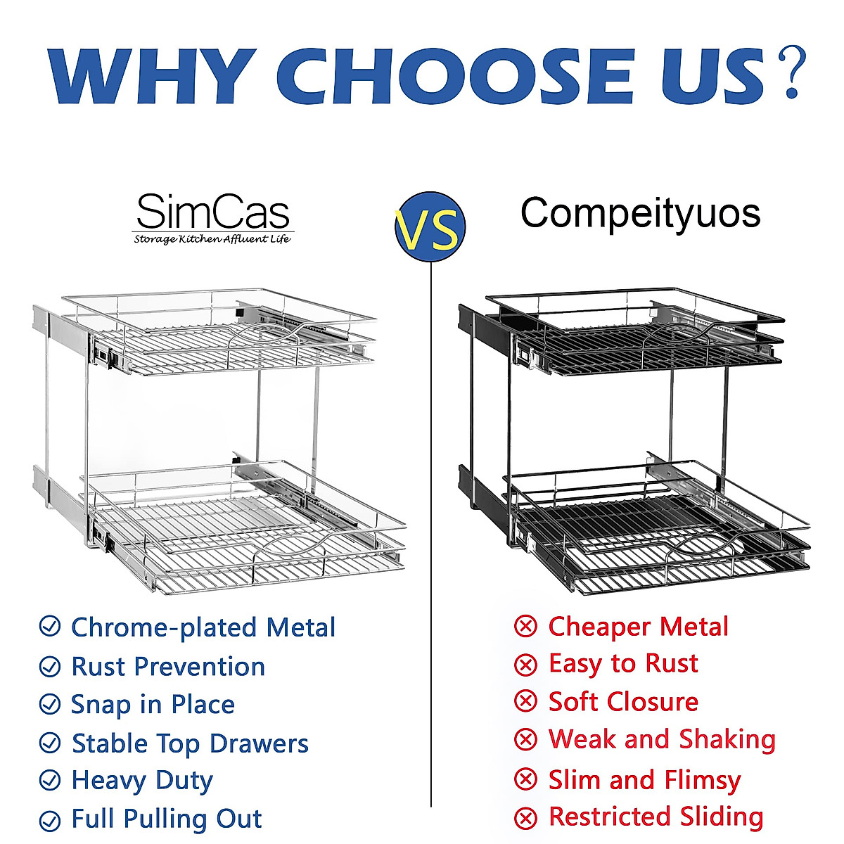 SIMCAS 2 Tier Individual Pull Out Cabinet Organizer 20" W x 21" D, Slide Out Kitchen Cabinet Storage Sliding Shelves, Heavy-Duty Wire Basket for Pantry Kitchen Cabinet Organizers and Storage, Chrome