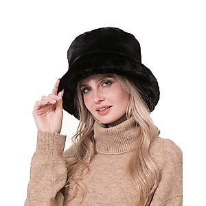 Rulala Fancy Women's Faux Fur Bucket Hats Fluffy Winter Warm Ladie's Unique Printed Fisherman Cap(Black)
