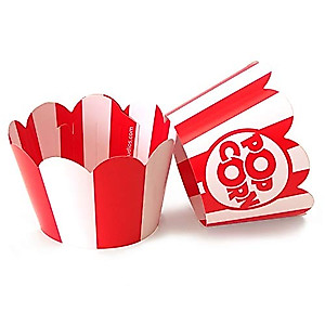 Popcorn Cupcake Wrappers - Red and White Striped - Cute Circus Party Supplies and Carnival Decorations - Movie Night Theme - Easy Set Up For Birthday Parties and Celebrations - Set of 48