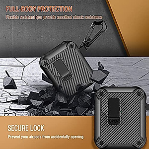 R-fun Airpods Case Cover with Automatic Secure Lock Clip, Protective Rugged Hard Shell for Apple Airpods 2nd & 1st Generation Charging Case with Carbon Fiber Keychain-Black