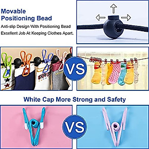 Portable Clothesline with 12 Colorful Clothespins, Windproof Travel Clothesline Stretchy Retractable Elastic Laundry Clothes Line for Backyard, Vacation Hotel, Balcony and Indoor Use