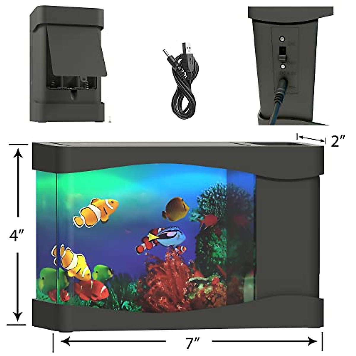 Playlearn Mini Aquarium Artificial Fish Tank with Moving Fish – USB/Battery Powered – Fake Aquarium Toy Fish Tank with 3 Fake Fish