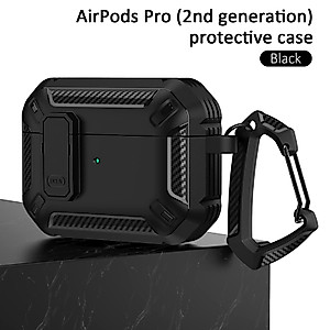 Aresh Case for Apple Airpods Pro 2nd Generation Case 2022, Airpods pro 2 case with Secure Lock Clip, Rugged Shell for Men Women Shockproof Protective Cover Case for AirPods Pro 2(Black)