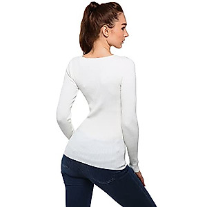 AmélieBoutik Women Scallop Trim V Neck Long Sleeve Ribbed Pullover Sweater (Ivory White Large)