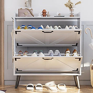 TXGDPIONEER Narrow Shoe Storage Cabinet,Hidden Shoe Cabinet with 4 Wooden Legs,31.5" W Farmhouse Style Freestanding Shoe Rack,White Shoe Cabinet with 2 Flip Drawers for Entryway,Hallways