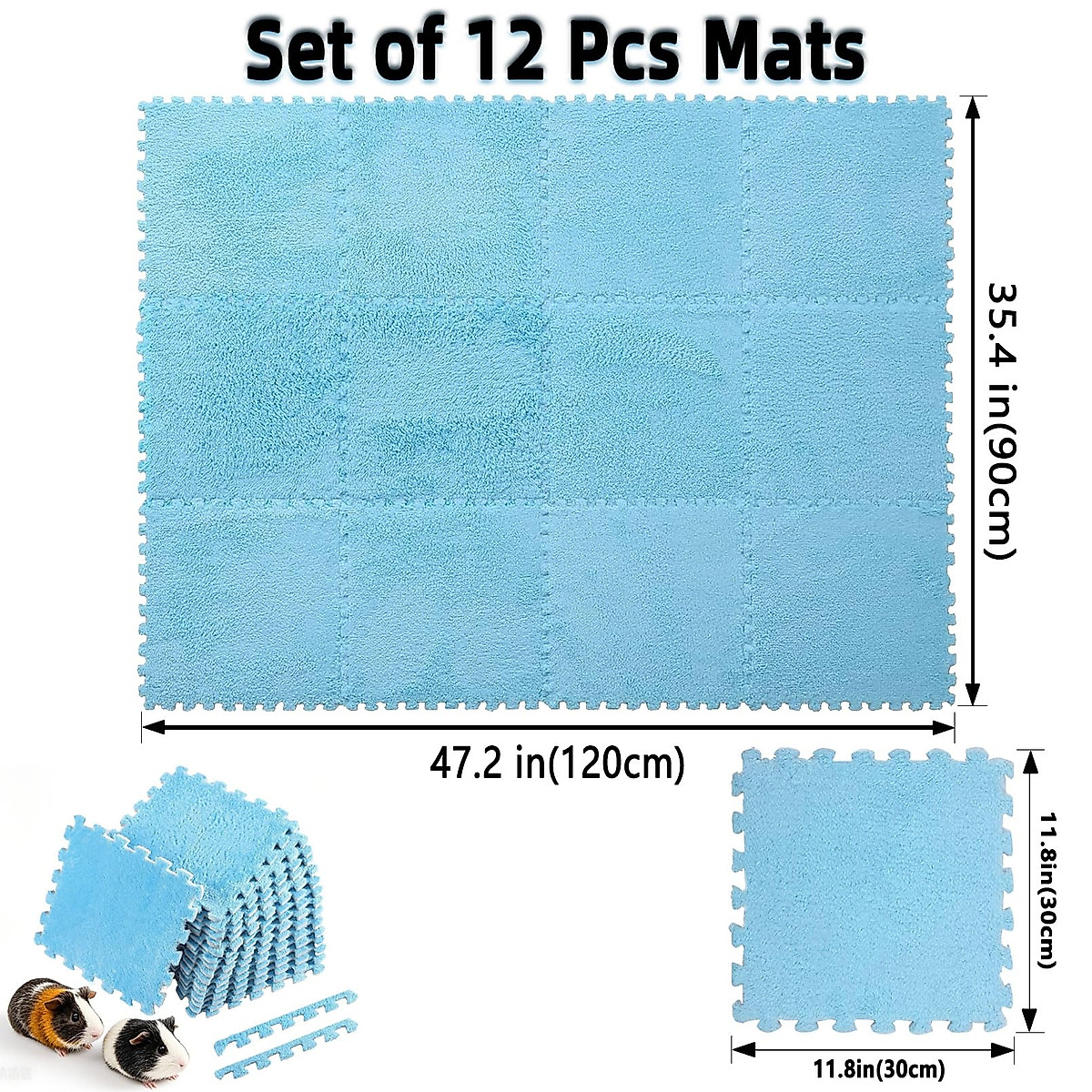 BNOSDM 12Pcs Guinea Pig Plush Pads, Reusable Rabbit Sleeping Floor Mats with Edging, Washable Guinea Pig Fleece Cage Liners, Soft Warm Bunny Bedding, Cage Pad for Small Animals (11.8", Blue)