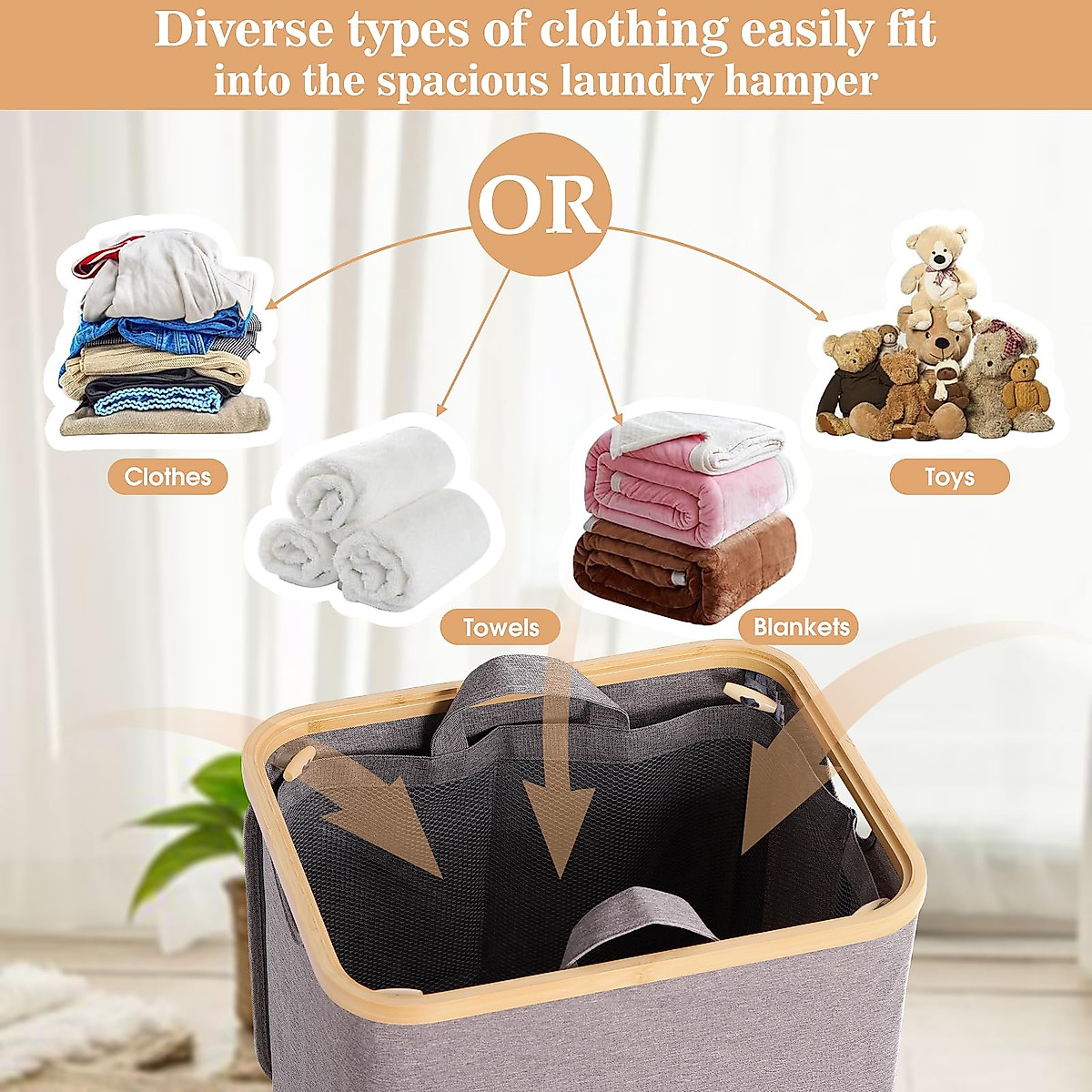 ChicBliss Large Laundry Basket with Lid, 100L Laundry Hamper with Bamboo Handles for Clothing, Toys, and Towels, Freestanding Collapsible Laundry Bin with Removable Inner Bag for Bathroom (Standard)