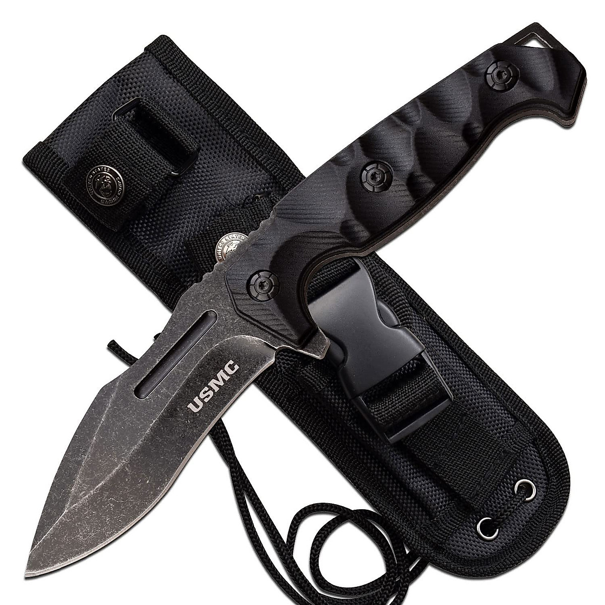 USMC - Fixed Blade Knife - Stonewashed Finish Stainless Steel Blade - Nylon Fiber Handle, Full Tang, includes MOLLE Compatible Sheath - M-FIX001SW - US Marine, Tactical, Special Ops