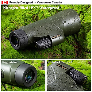 Fetch Falcon12x50 IPX7 Nitrogen Filled BAK4 FMC HD Monoculars(Eyepiece 25.5cm Waterproof Under 1 M Water 30 Minutes Never Leaks) with Phone Holder, Tripod, Hand Strap (HD IPX7 Green)