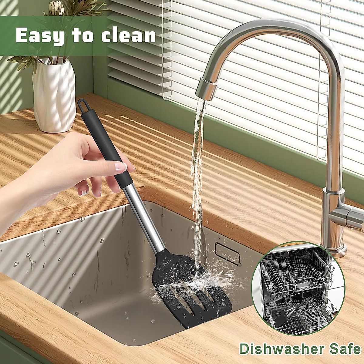 Silicone Turner Spatula Set of 2 Spatulas Silicone Heat Resistant 446°F Kitchen Spatulas for Cooking, Non Stick Cookware Food Grade, BPA Free, Dishwasher Safe, Black