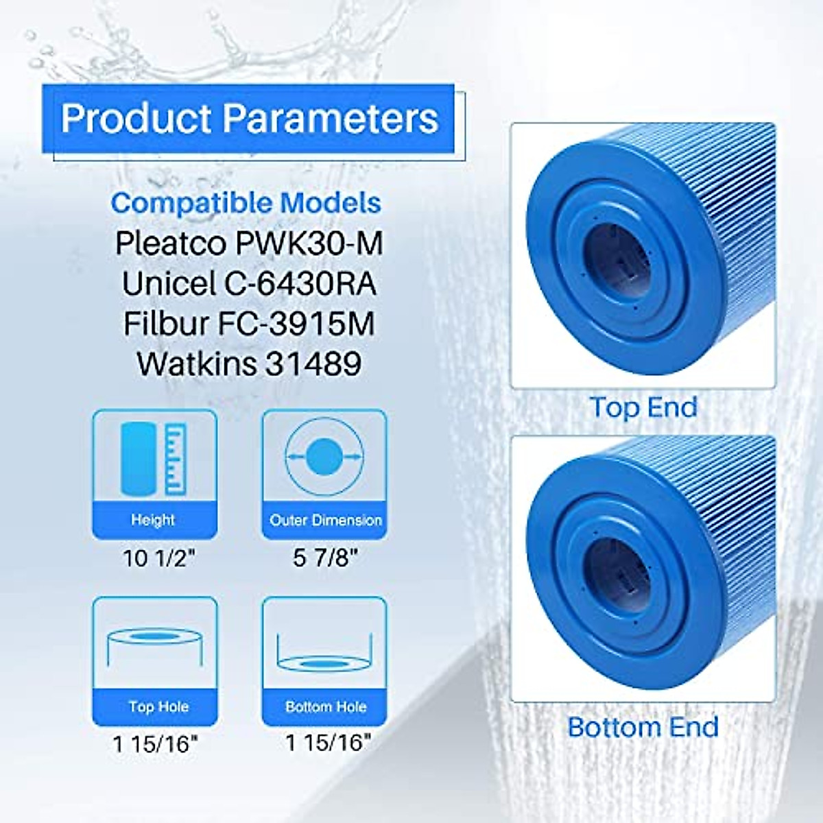 POOLPURE PLFC-6430-M Spa Filter Replaces Watkins 31489, Compatible Pleatco PWK30-M, Filbur FC-3915M, P/N0969601, 71825, 73178, 73250, 3 Pack.