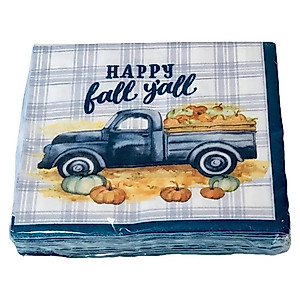 Blue Retro Pumpkin Truck Fall Beverage Cocktail Napkins | Thanksgiving Fall Autumn Harvest Paper Disposable Paper Napkins | 5" x 5" size folded | 36-ct | 2-ply | Made in USA