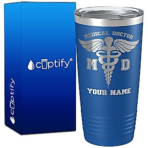 Personalized MD Medical Doctor Gift on Blue 20 oz Stainless Steel Tumbler with Lid - Insulated Cup - Custom Travel Mug