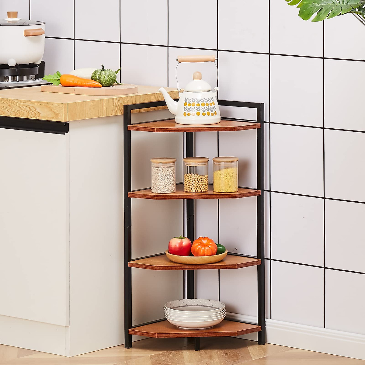 Cplxroc Corner Shelf, 4-Tier Display Shelves, Wood Storage Stand, Multipurpose Shelving Unit for Small Space, Home Office, Bathroom Corner Chelf (Brown)