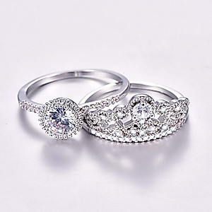 Narica Silver Plated Round Cut Created White Topaz CZ Cubic Zirconia Filled Halo Wedding Engagement Crown Ring 2PCS Women's Band Set for Mom Lover Gift 8#