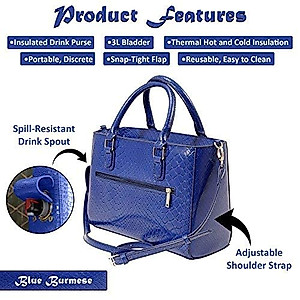 Primeware Insulated Drink Purse w/ 3L Bladder Bag | Thermal Hot and Cold Storage | Portable Drinking Dispenser for Wine, Cocktails, Beer, Alcohol | PU Leather Finish (Blue Burmese)