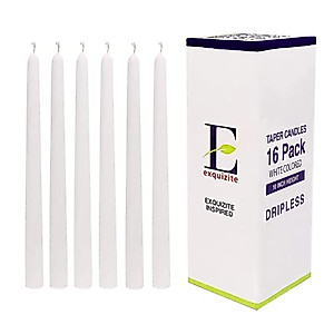 Exquizite White Taper Candles - 16 Pack Unscented Dripless Taper Candles 10 inch x 3/4 inch - Perfect Tapered Candles for Home, Centerpieces, Emergency Candle, Weddings, Parties and Special Occasions