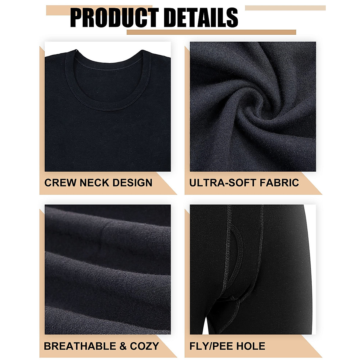 Jecery 4 Set Thermal Underwear for Men Soft Long Underwear Cotton Warm Men's Thermal Underwear Bottoms and Tops for Winter(Black Gray, Large)