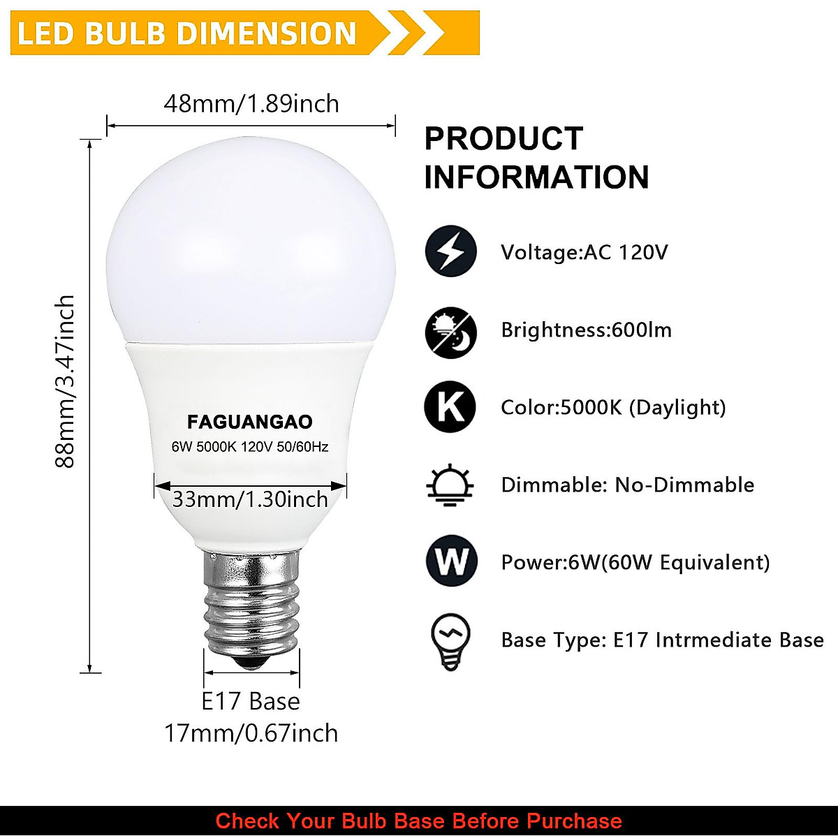 FAGUANGAO E17 Intermediate Base LED G14 Bulbs, 6W 60W Equivalent, 5000K Daylight, 600LM,Globe Light Bulbs for Ceiling Fan, Chandelier Lighting, Not Dimmable, Pack of 4