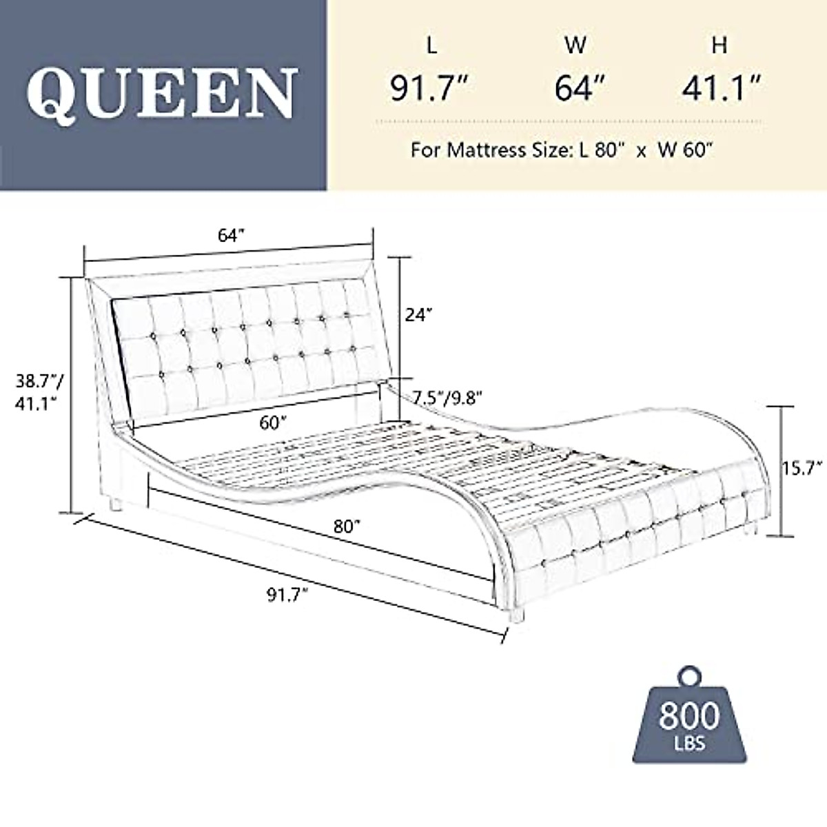 Allewie Queen Bed Frame with Adjustable Headboard/Box-Tufted Upholstered Platform Bed/Mattress Foundation with Wood Slat Support/No Box Spring Needed/Modern Wave/Black