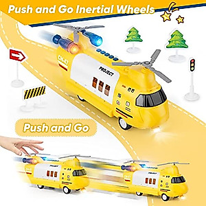 Airplane Toy with Construction Toy Cars Set, Transport Cargo Airplane with Lights and Sounds, 6 Mini Car Toys & 11 Road Signs, Toy Airplane Gifts for 3 4 5 6+ Years Old Kids Boys and Girls