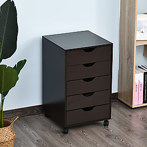 HOMCOM 5 Drawer Storage Organizer Office Cabinet with Nordic Minimalist Modern Style & Wheels, Brown