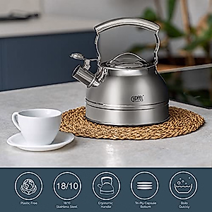 Gipfel International Whistling Tea Kettle Stovetop - Food Grade Stainless Steel Teapot for Stove Top with Ergonomic Handle for Gas, Induction, Electric Stovetops 2.3 Quart