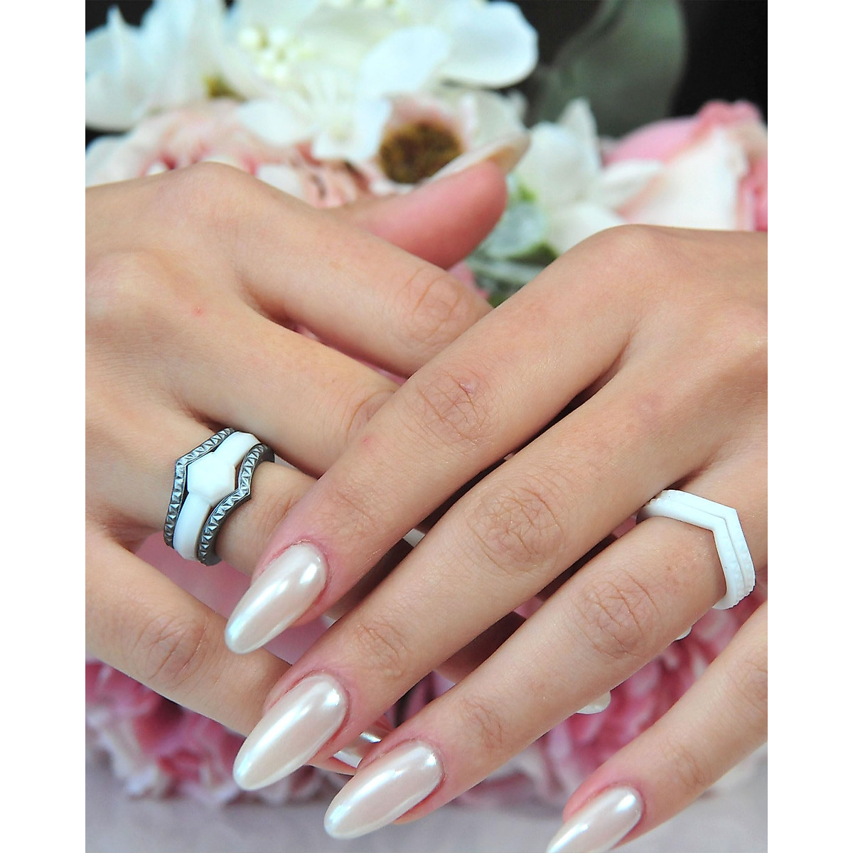 Rinfit Silicone Rings for Women - Rubber Wedding Bands Womens - Stackable Silicone Rings Couture - Patented Design - 3 White & 2 Silver, Size 5