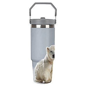 30oz Stainless Steel Insulated Tumbler with Flip Lid & Straw, Leakproof Travel Mug for Car, Polar Bear And Cub Double Wall Vacuum Thermal Coffee Cup with Handle, Spill-Proof Design for Hot/Cold Drinks