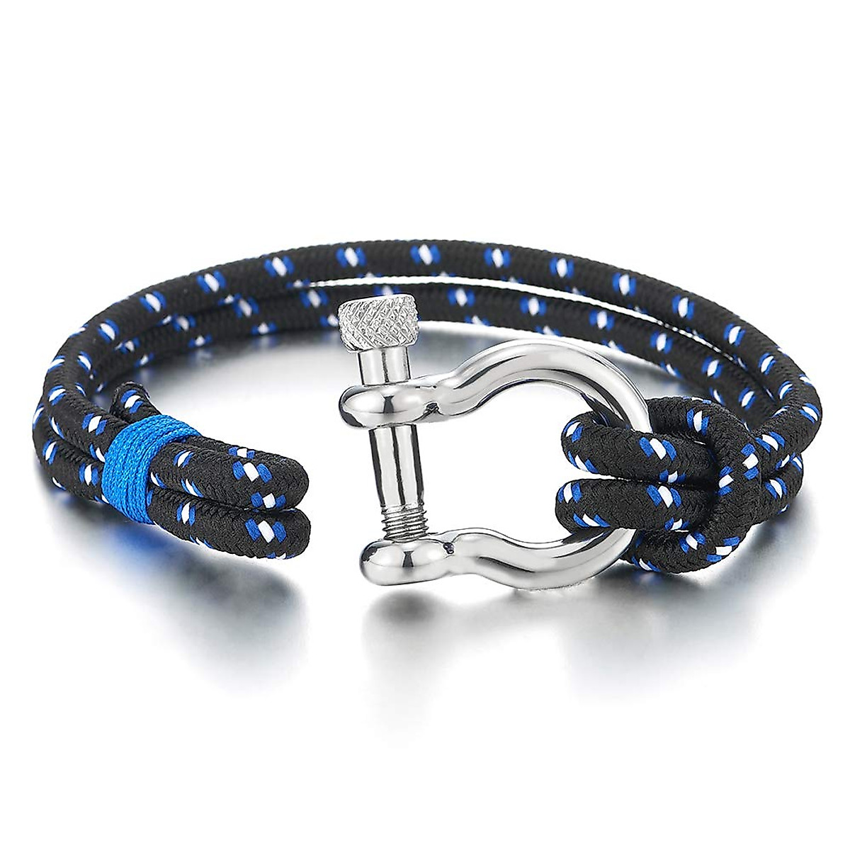 COOLSTEELANDBEYOND Mens Womens Steel Screw Anchor Shackles Nautical Blue White Sailor Rope Cord Wrap Bracelet Wristband
