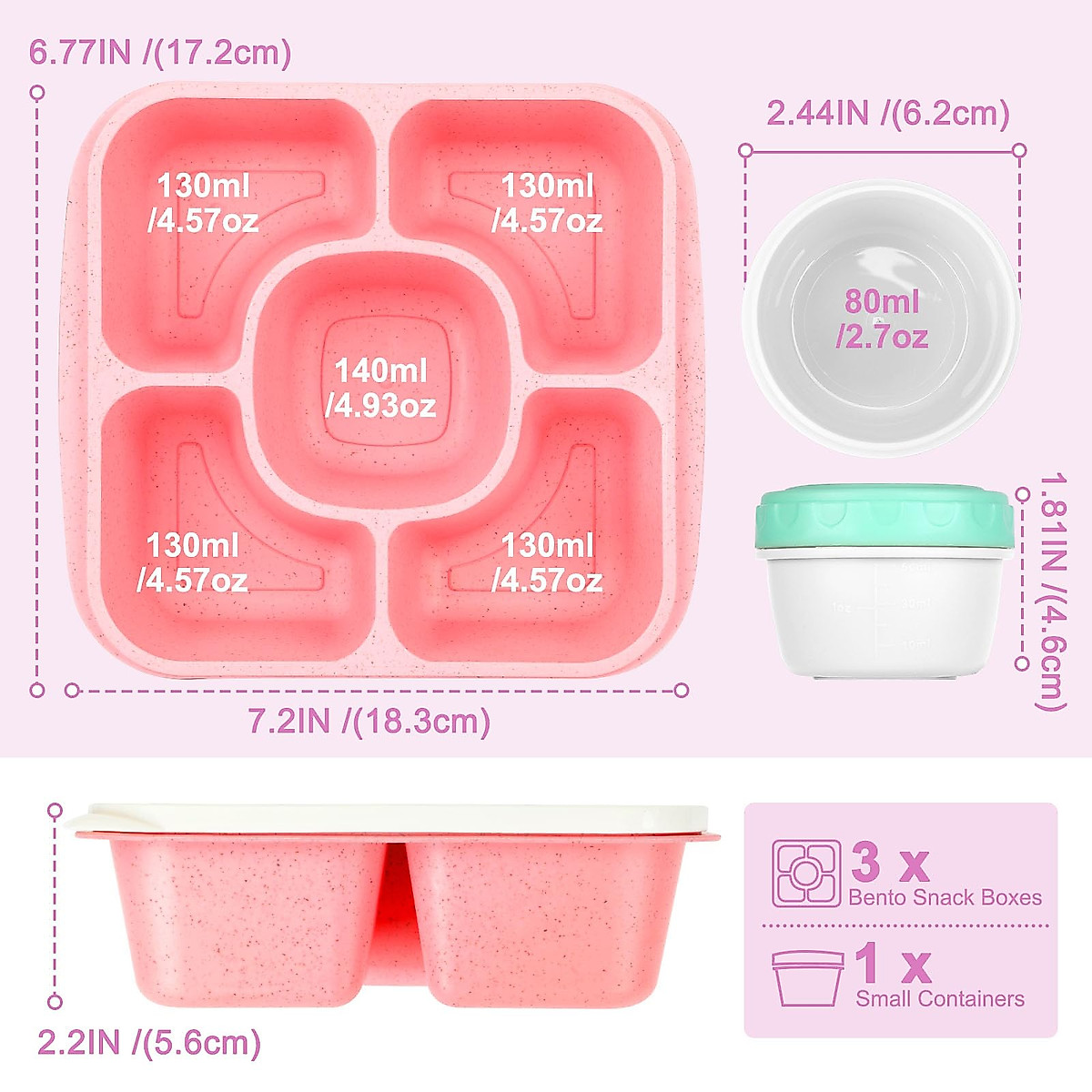 FANCILLA Bento Snack Containers for Kids Adults, 3 Pack Reusable Lunchable Bento Snack Boxes with 5 Compartments & 1 Leakproof Sauce Containers, Wheat Straw, BPA-Free, Stackable (Classic Vintage)