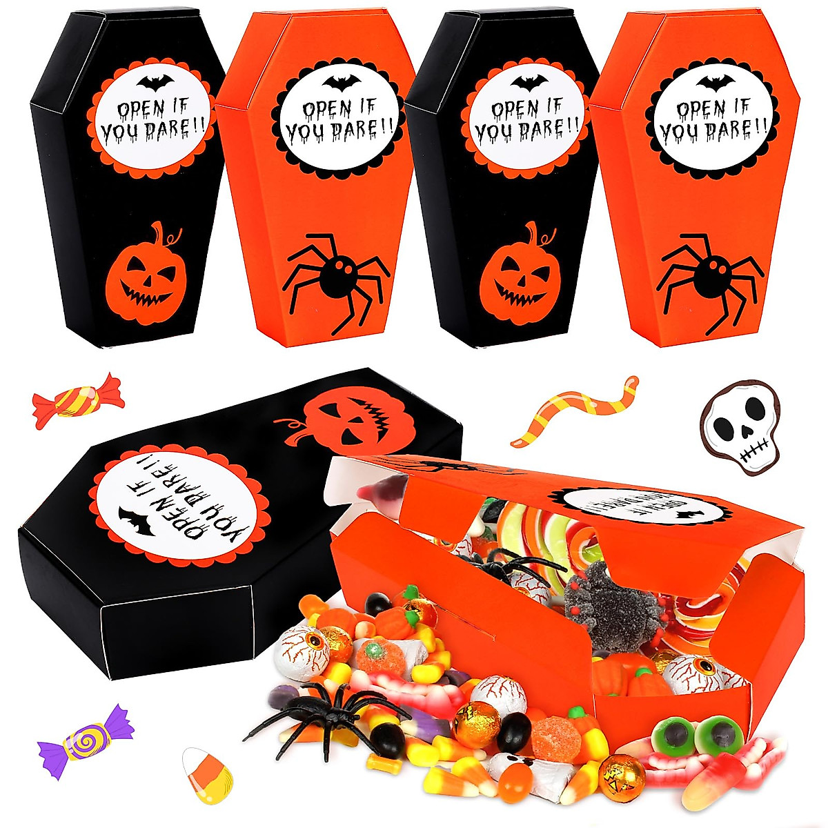 JarThenaAMCS 48Pcs Halloween Candy Coffin Paper Box Pumpkin Spider Treat Box Orange Black Gift Box for Trick or Treat Halloween Party Favor Supplies