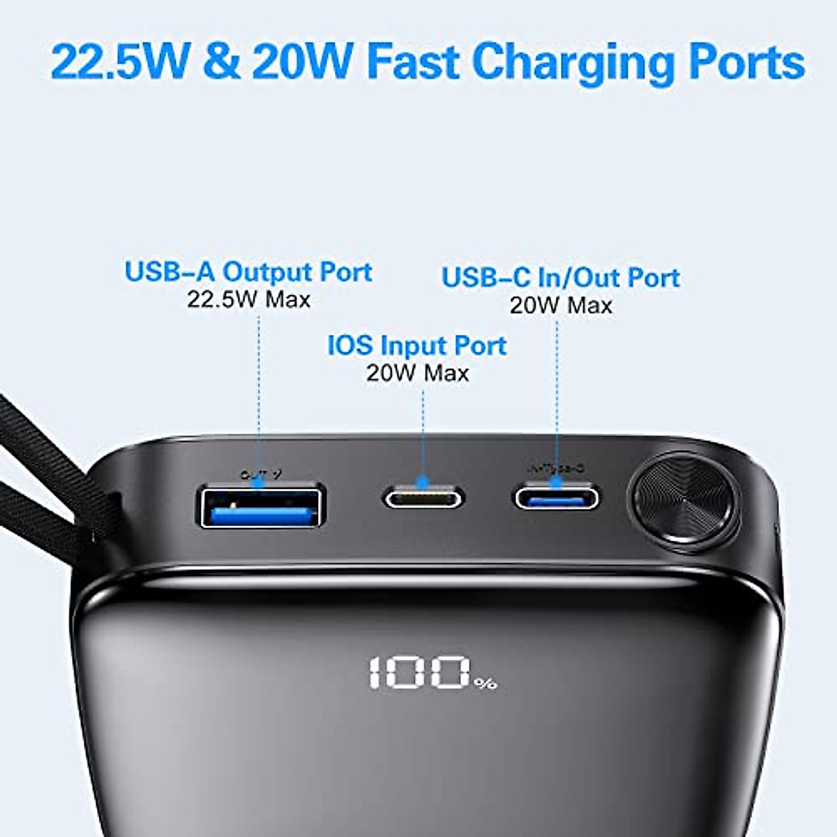 Portable Charger 20000mAh - 22.5W PD20W USB C Power Bank Fast Charging with Built-in Cables Lanyard 2in1, LED Display External Battery Pack with 4 Output 2 Input Charing Bank for iPhone, Samsung.