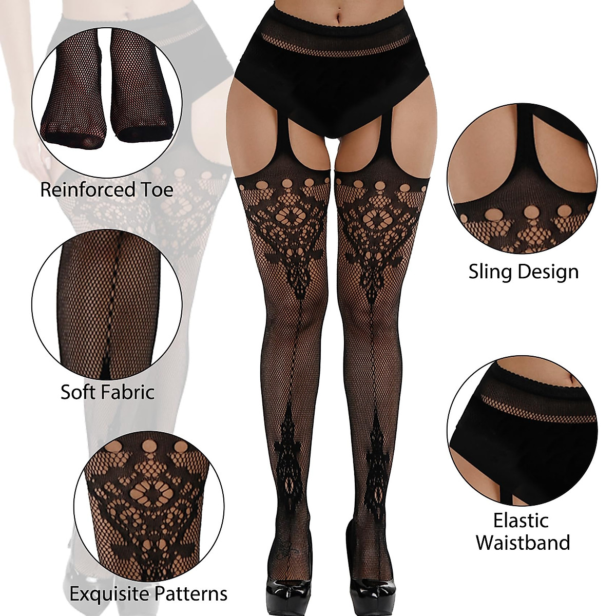 Fullsexy Plus Size Stockings, Fishnet Tights Suspander Pantyhose Thigh High with 4 Thongs for Women, Black1, One Size