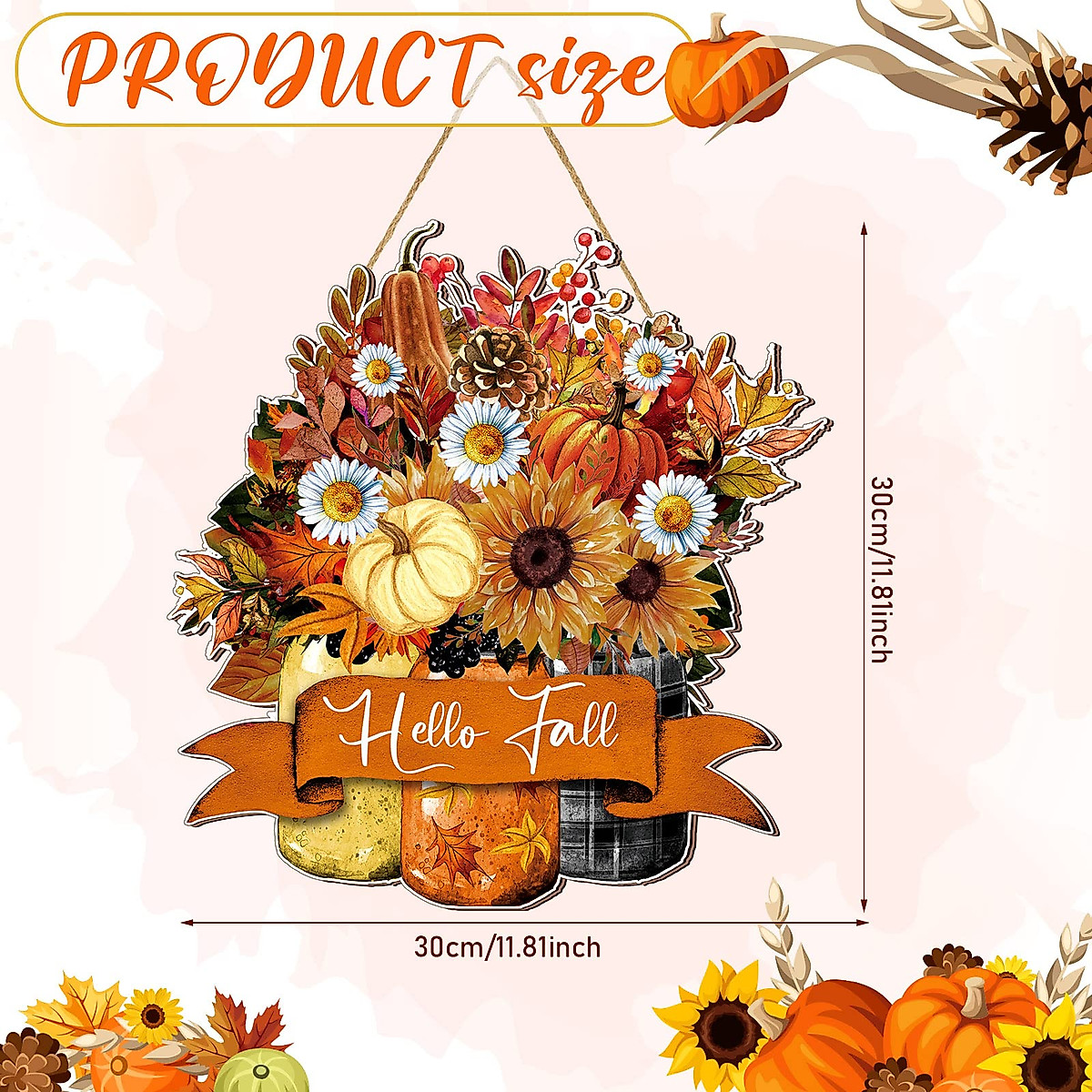 Tradder Thanksgiving Floral Welcome Sign for Front Door Hello Fall Hanging Plaque Farmhouse Sunflower Pumpkin Fall Door Hanger Mason Jar Harvest Autumn Wood Sign for Indoor Outdoor Home Yard