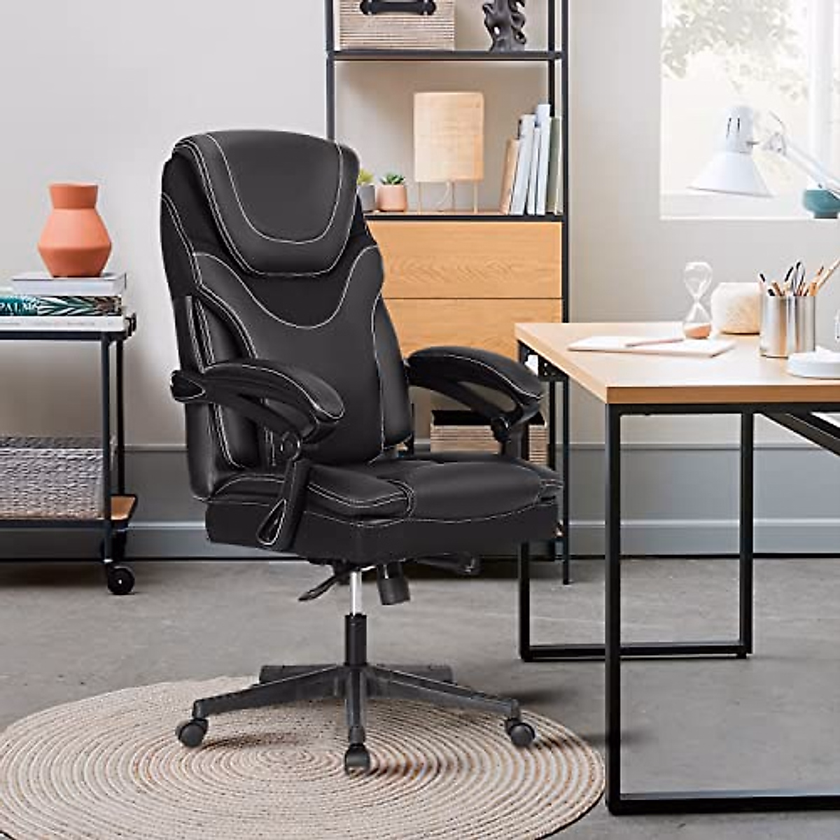 KCREAM Office Chair Back Support, Ergonomic Desk Chair Computer Chair PU Leather Chair Swivel Chair Armrests with Thick Padded Seat Managerial & Executive Chairs(9109-black)