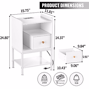 Gannyfer Nightstand with Charging Station,Night Stand with USB Ports and Storage Drawer,Modern 3-Tier End Side Table,Small Wood Bedside Table for Bedroom,Living Room,White