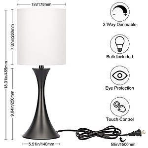 3-Way Dimmable Table Lamp, Touch Control Nightstand Lamp with Ocean Style Fabric Lampshade, Silver Modern Bedside Lamp for Bedrooms Living Room Children Room Nursery Play Room, LED Bulb Included