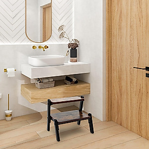 Azysow Wooden Step Stool for Adults Kids,Bedside Step Stools for High Beds,Kitchen Step Stool,Heavy Duty Sturdy 2 Step Stool,Widened Metal Frame, Holds up to 500 LB(Brown)